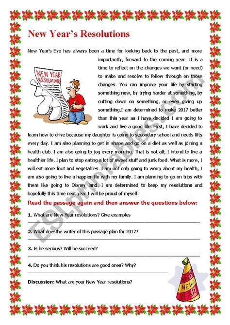 New Years Resolutions Esl Worksheet By Elle