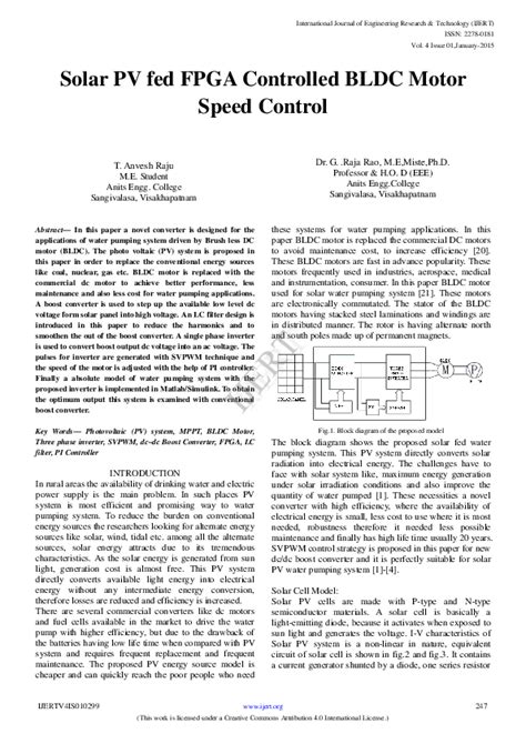pdf ijert solar pv fed fpga controlled bldc motor speed control ijert journal