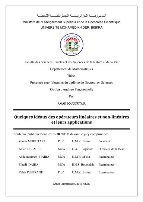 SOLUTION La Th Se De Doctorat Maths 2019 2020 Quelques Id Aux Des Op