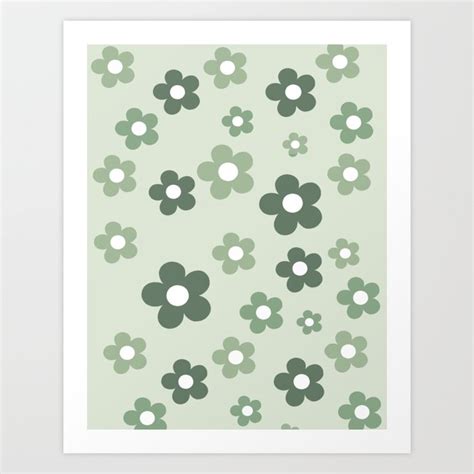 Retro Aesthetic Sage Green Daisy Floral Pattern In Sage Green Art Print