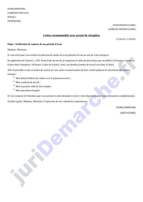 JuriDémarche Modèle lettre rupture période d essai remise en main