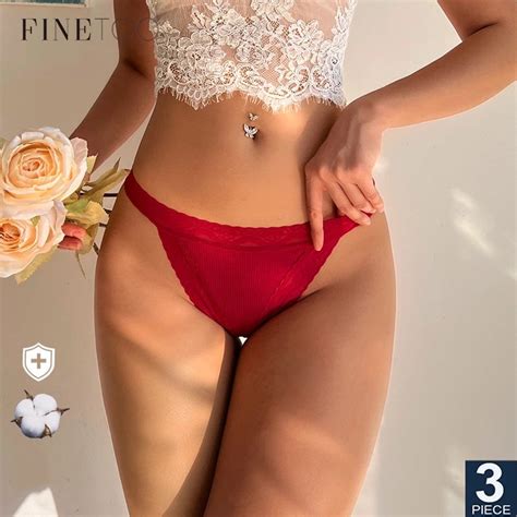 FINETOO 3Pcs Set Sexy Thongs Low Rise Lace G String Panties Women