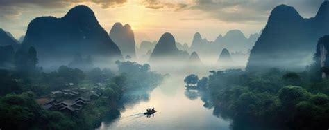 Premium AI Image Landscape Of Guilin Li River And Karst Mountains
