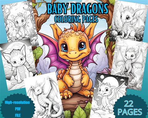 Baby Dragons Coloring Pages Adult Grayscale Coloring Book Fantasy