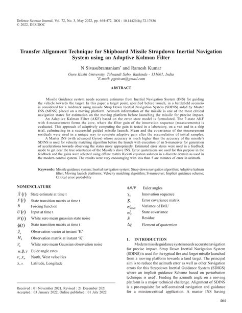 pdf transfer alignment technique for shipboard missile strapdown inertial navigation system