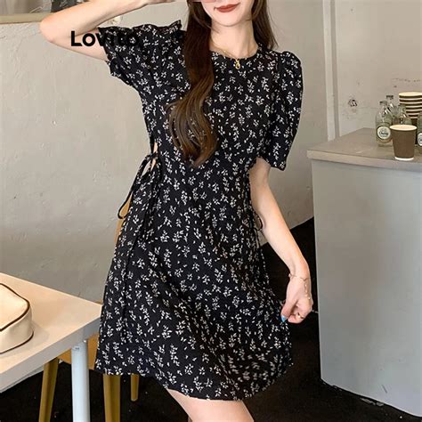 Lovito Casual Ditsy Floral Cut Out Lace Up Puff Sleeve Dress For Women