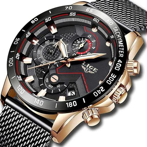 LIGE Hommes Montres Imperméable Sport Chronographe Date Maille en Acier