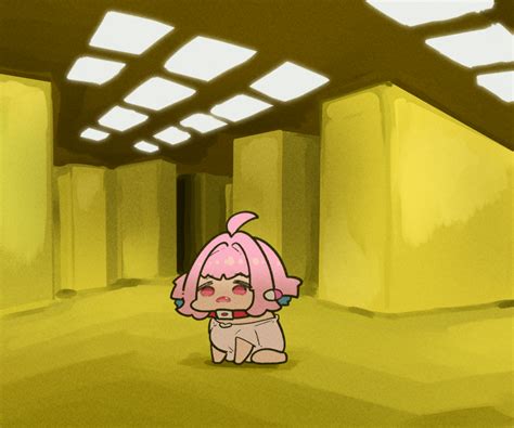 Safebooru 1girl Ahoge All Fours Backrooms Creepypasta Bangs Blue Hair Blurry Blurry