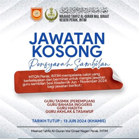 Iklan Jawatan Maahad Tahfiz Al Quran Wal Qiraat Negeri Perak INTIM