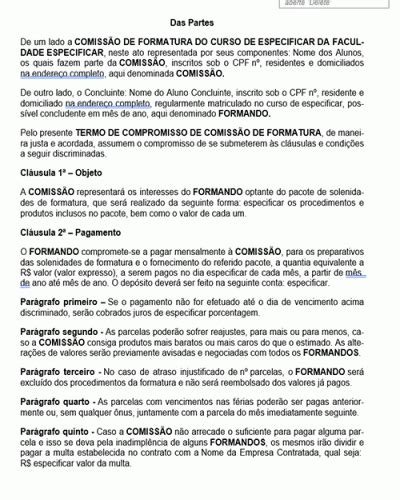 Referência para um Contrato Termo de Compromisso de Comissão de