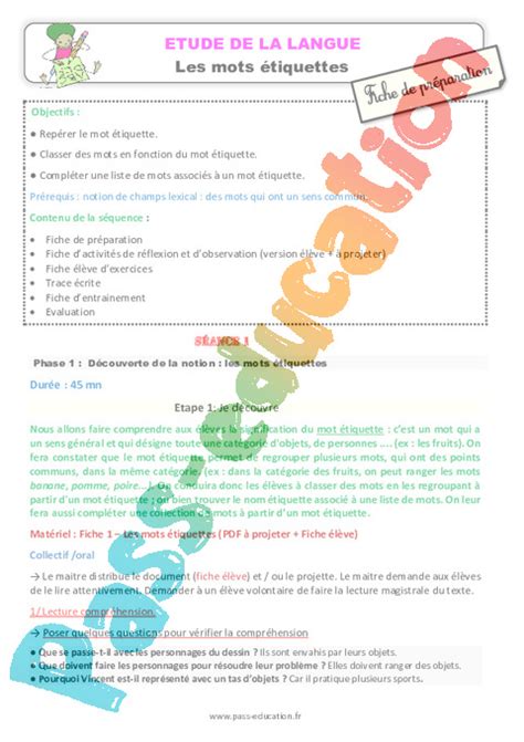 Séquence Fiche de préparation Mots étiquettes termes génériques et