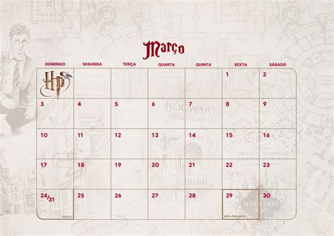 Calendário Mensal Harry Potter Marco Fazendo a Nossa Festa