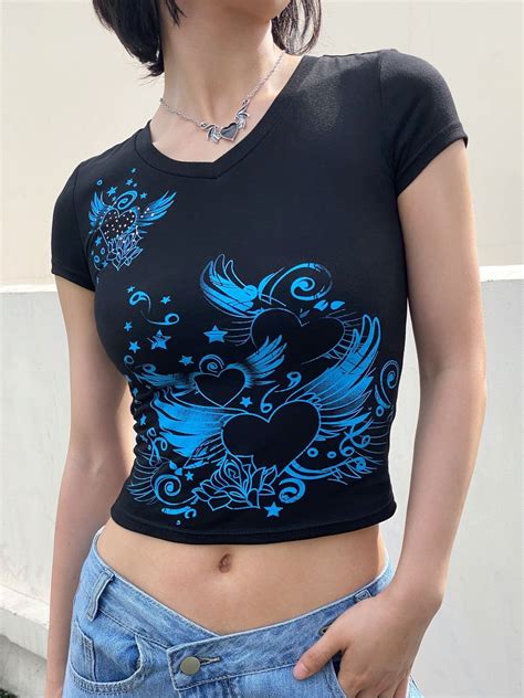 Emmiol Free Shipping 2024 Fairy Wing Heart Graphic Crop Top Black S In
