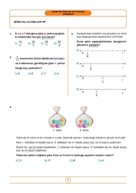 5 Sınıf Matematik Kesirler Taraması Çalışma Kağıdı Derslig