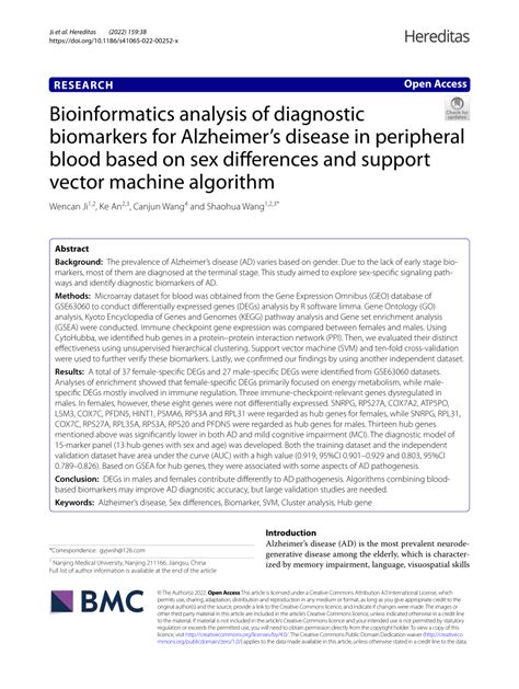 pdf bioinformatics analysis of diagnostic biomarkers for alzheimer s disease in peripheral