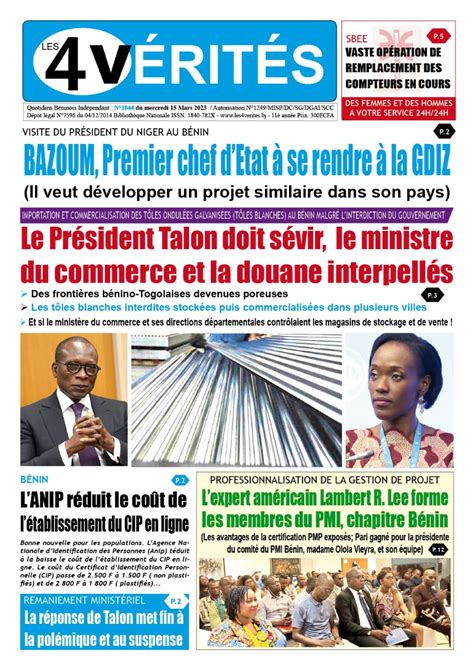 La Une du journal Les 4 Vérités du mercredi 15 mars 2023 Les 4 VERITES