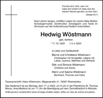 Traueranzeigen von Hedwig Wöstmann trauer ms