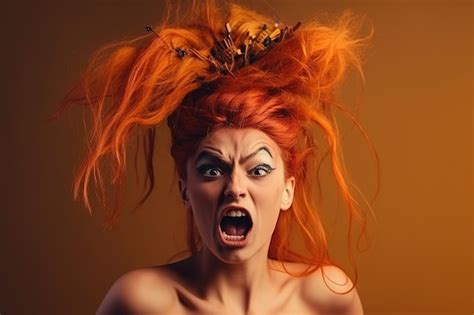 Una mujer con el pelo rojo y la cara en blanco y negro está gritando