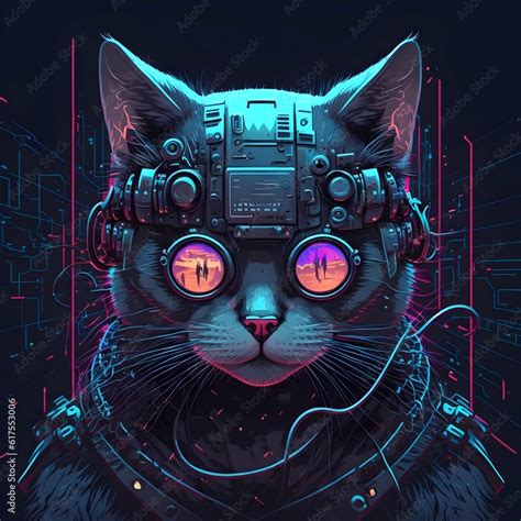 Ilustrace Cat Cyberpunk 2d Vector Cartoon Minimalist Flat Art Vector