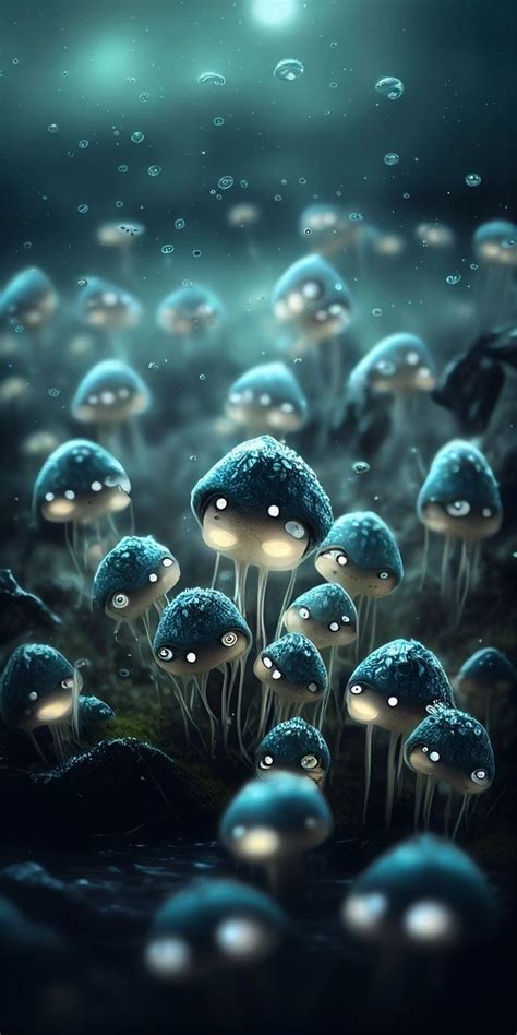 Many Blue Mushrooms Are Floating In The Dark Water With Bubbles On Them