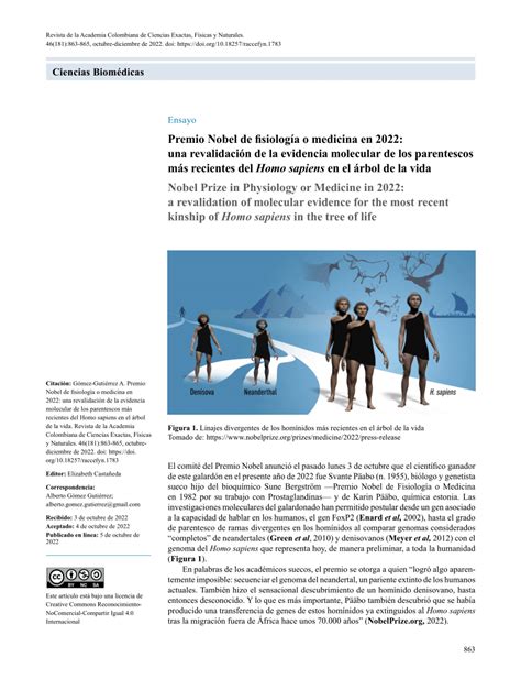 PDF Premio Nobel de fisiología o medicina en 2022 una revalidación de