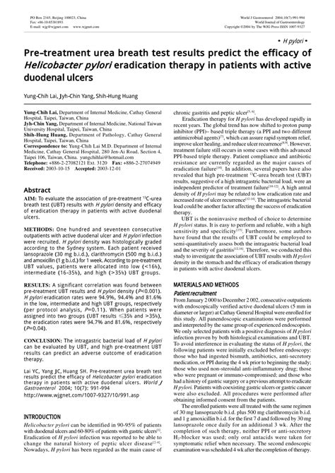 PDF Pre Treatment Urea Breath Test Results Predict The Efficacy Of
