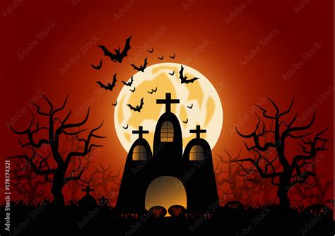 Halloween Design Dark Castle On Moon Background With Spooky Graveyard
