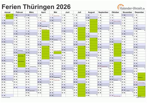 Ferien Thüringen 2026 Ferienkalender zum Ausdrucken