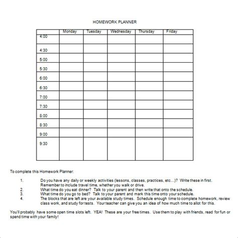 Homework Agenda Templates Free Word Doc Pdf Formats
