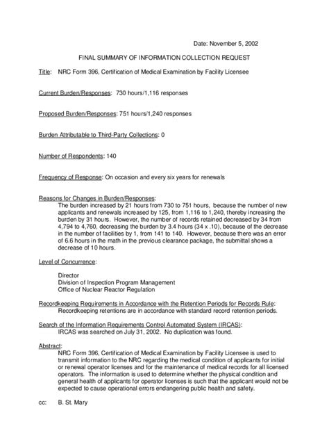 Fillable Online OMB 3150 0024 Final Summary Of Information Collection