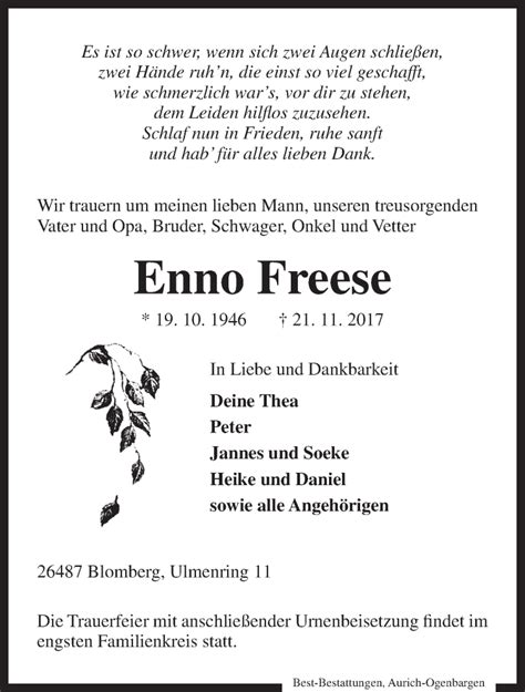 Traueranzeigen Von Enno Freese Nordwest Trauer De