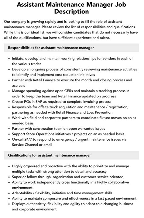 Roles And Responsibilities Of Maintenance Manager