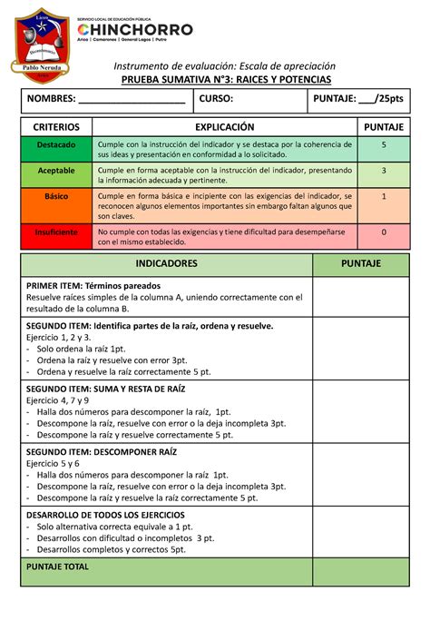 Escala de Apreciación Prueba N3 Matemática Instrumento de evaluaciÛn
