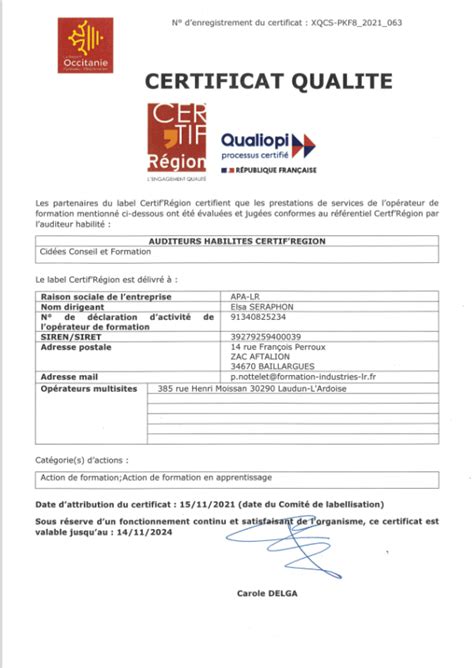 APA certif région Pôle Formation UIMM Occitanie