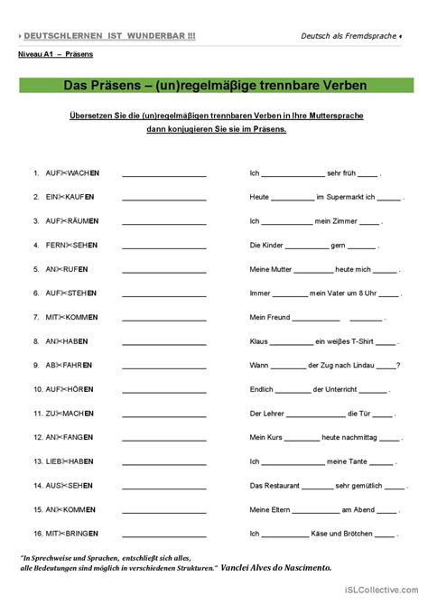 A1 Trennbare Verbe Deutsch DAF Arbeitsblätter pdf doc