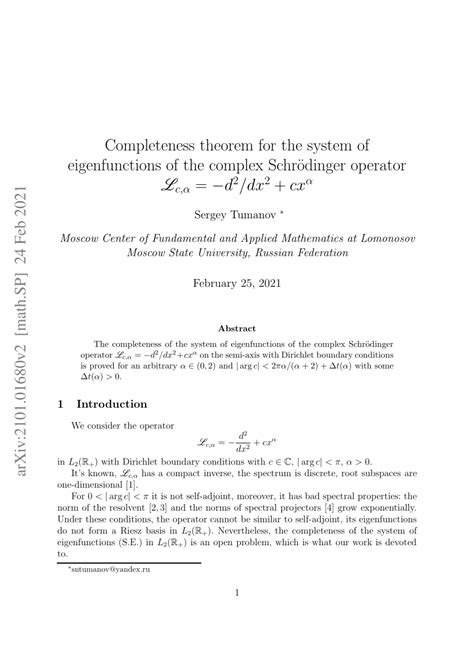 pdf completeness theorem for the system of eigenfunctions of the complex schr odinger