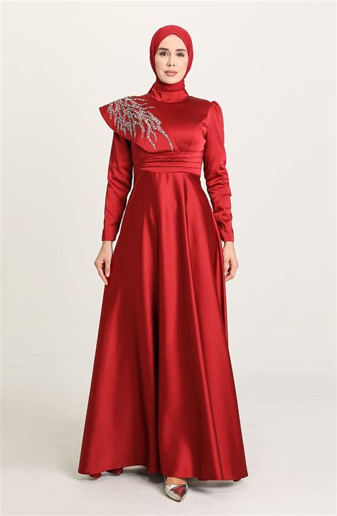 Taşlı Saten Abiye Elbise 4910 01 Bordo Sefamerve
