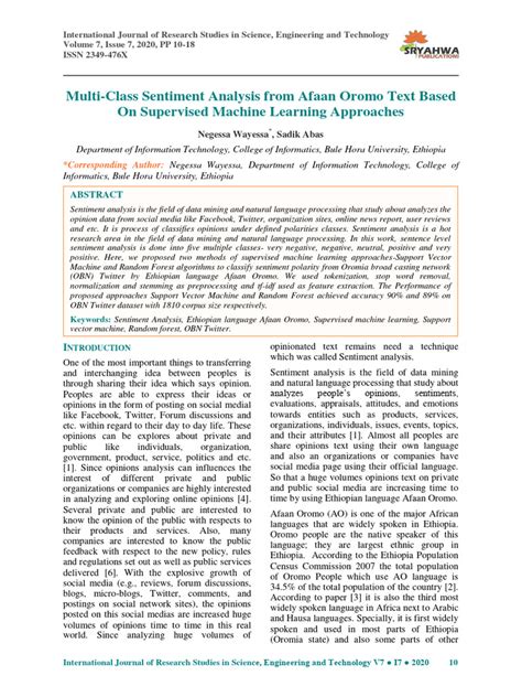 multi class sentiment analysis from afaan oromo text based 3 pdf support vector machine