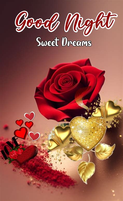 Good Night Sweet Dreams With Red Rose And Gold Hearts On Pink