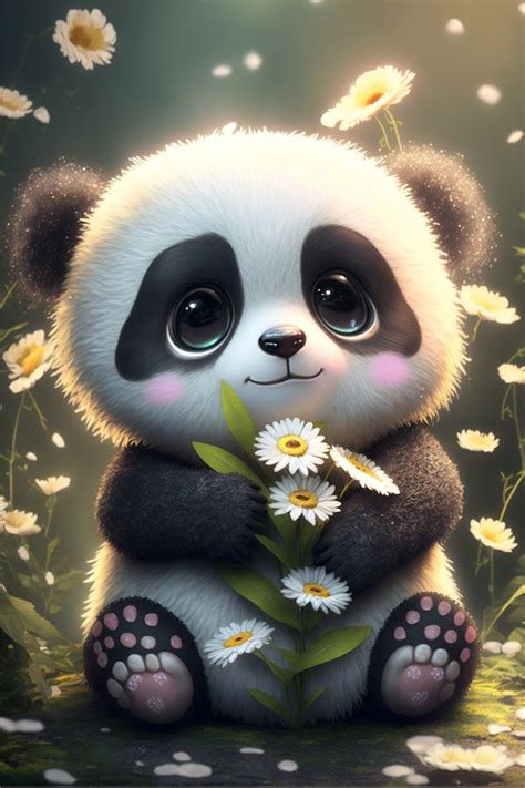 A Panda Bear Sitting On The Ground With Daisies In It S Paws And