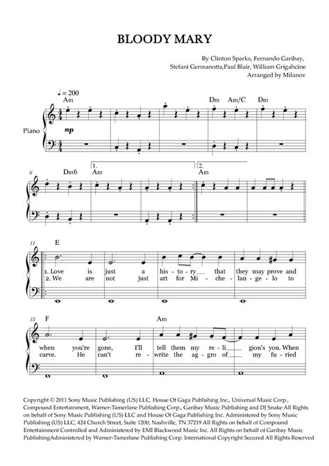 Bloody Mary Arr Milanov By Lady Gaga Sheet Music For Easy Piano At
