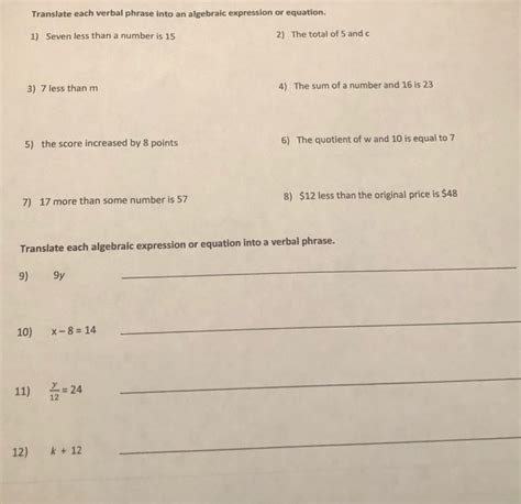 solved translate each verbal phrase into an algebraic