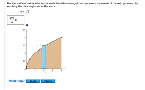 use the shell method to write and evaluate the definite integral that represents the volume of