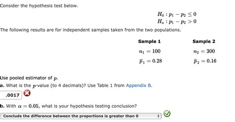 solved consider the hypothesis test below h p1 p2