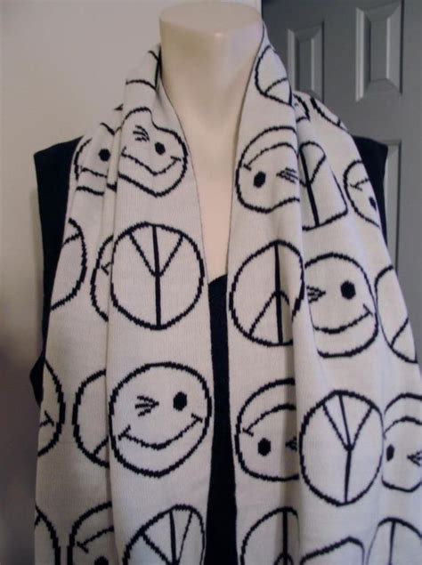 Peace Signs Emoji Winking Face Acrylic Scarf By Joe Boxer Black White