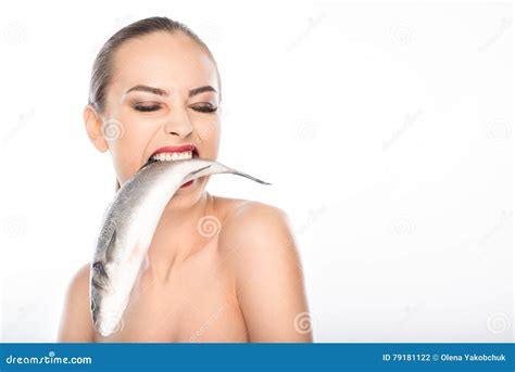 Bare Girl Biting Seafood With Desire Stock Photo Image Of Caucasian