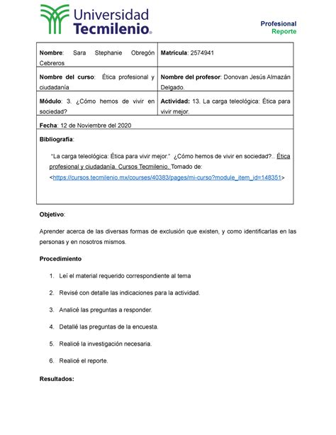 Actividad 13 Etica y ciudadanía Profesional Reporte Nombre Sara