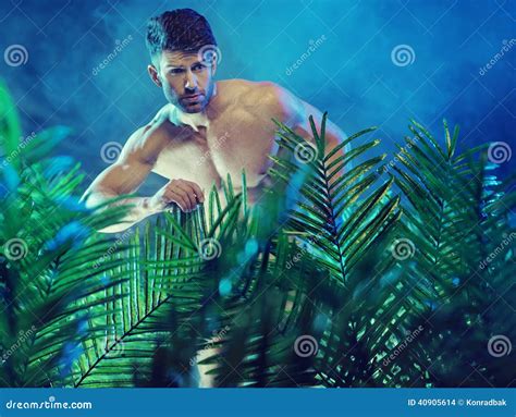 Attractive Muscular Man In The Jungle Stock Photo Image Of Hand