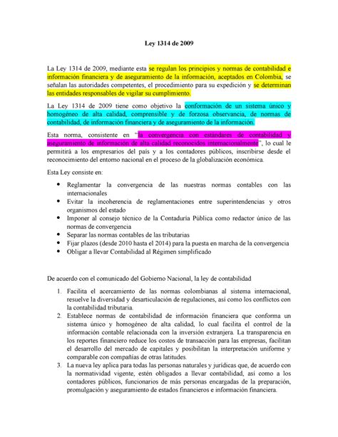 Resumen Ley 1314 De 2009 Ley 1314 De 2009 La Ley 1314 De 2009