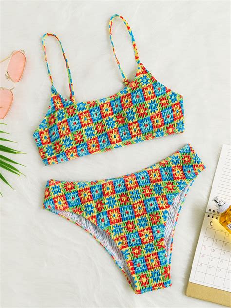 SHEIN Swim Mod Conjunto De Bikini Con Estampado Floral Top De Camisola